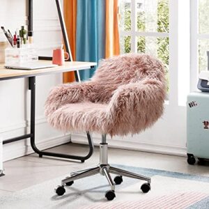 Lamerge Faux Fur Chair,Fluffy Upholstered Padded Seat,Adjustable Seat Height,Swivel Chair with Wheels,Perfect As Makeup Vanity Chair,Office Chair Pink