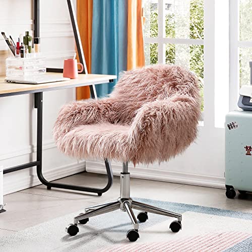 Lamerge Faux Fur Chair,Fluffy Upholstered Padded Seat,Adjustable Seat Height,Swivel Chair with Wheels,Perfect As Makeup Vanity Chair,Office Chair Pink