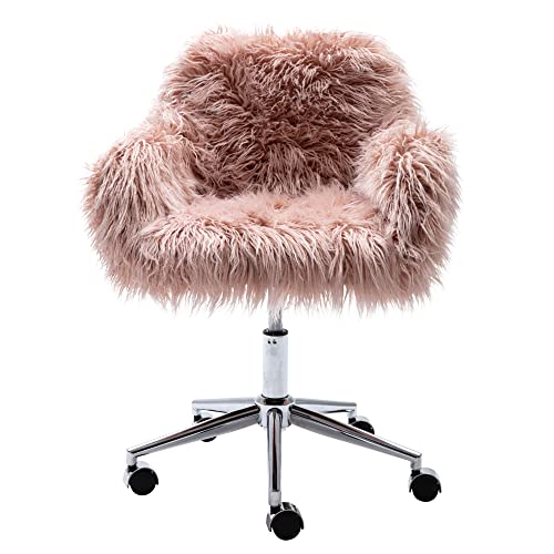 Lamerge Faux Fur Chair,Fluffy Upholstered Padded Seat,Adjustable Seat Height,Swivel Chair with Wheels,Perfect As Makeup Vanity Chair,Office Chair Pink