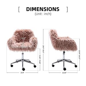 Lamerge Faux Fur Chair,Fluffy Upholstered Padded Seat,Adjustable Seat Height,Swivel Chair with Wheels,Perfect As Makeup Vanity Chair,Office Chair Pink