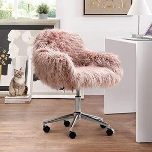 Lamerge Faux Fur Chair,Fluffy Upholstered Padded Seat,Adjustable Seat Height,Swivel Chair with Wheels,Perfect As Makeup Vanity Chair,Office Chair Pink