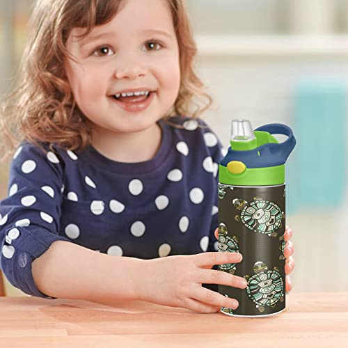 MAOBLYR 12 oz Tortoise Cartoon Black Kids Water Bottle with Straw,BPA Free Spout Cover Leakproof Vacuum Insulated Stainless Steel Bottle for Boys Girls