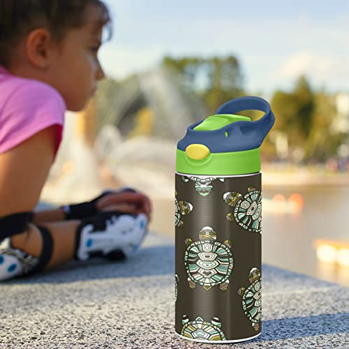 MAOBLYR 12 oz Tortoise Cartoon Black Kids Water Bottle with Straw,BPA Free Spout Cover Leakproof Vacuum Insulated Stainless Steel Bottle for Boys Girls