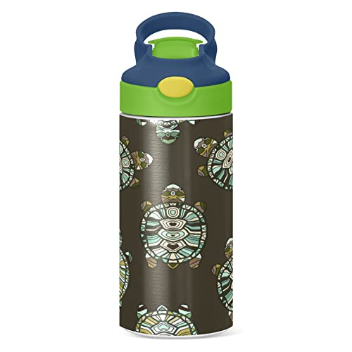 MAOBLYR 12 oz Tortoise Cartoon Black Kids Water Bottle with Straw,BPA Free Spout Cover Leakproof Vacuum Insulated Stainless Steel Bottle for Boys Girls