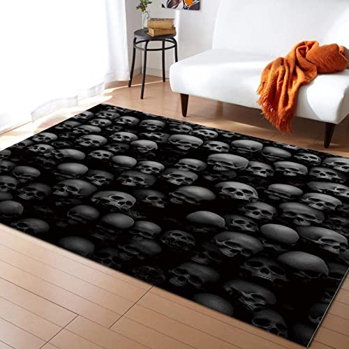 Black Horror Skull Head Area Carpet, Halloween Mysterious Abstract Decorative Rug, Printed Rugs Upholstery Rug with Non-Slip Backing for Living Room Bedroom Dining Room Office6 x 8ft