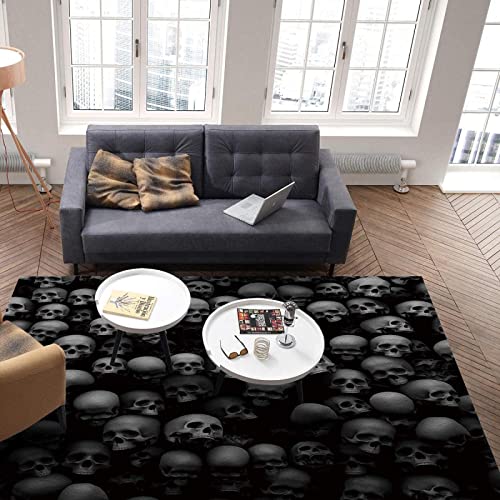 Black Horror Skull Head Area Carpet, Halloween Mysterious Abstract Decorative Rug, Printed Rugs Upholstery Rug with Non-Slip Backing for Living Room Bedroom Dining Room Office6 x 8ft