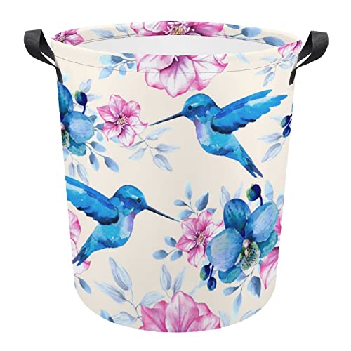 Blue Hummingbirds Waterproof Laundry Baskets Pink Flowers Collapsible Laundry Hamper with Handles Round Toy Bin for Dirty Clothes,Kids Toys,Bedroom,Bathroom