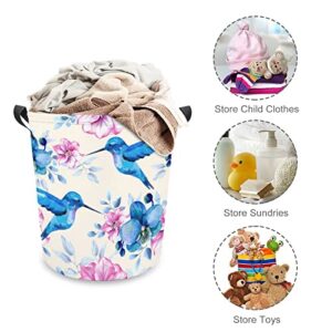 Blue Hummingbirds Waterproof Laundry Baskets Pink Flowers Collapsible Laundry Hamper with Handles Round Toy Bin for Dirty Clothes,Kids Toys,Bedroom,Bathroom