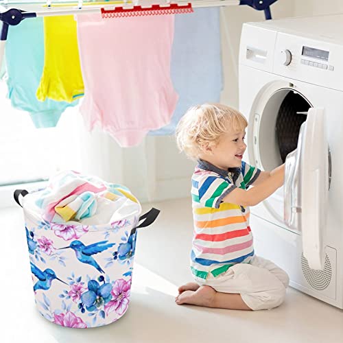 Blue Hummingbirds Waterproof Laundry Baskets Pink Flowers Collapsible Laundry Hamper with Handles Round Toy Bin for Dirty Clothes,Kids Toys,Bedroom,Bathroom