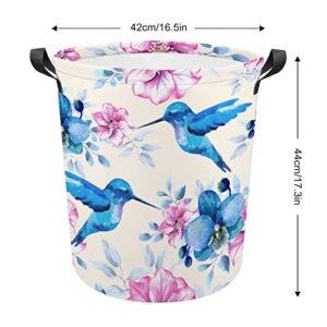 Blue Hummingbirds Waterproof Laundry Baskets Pink Flowers Collapsible Laundry Hamper with Handles Round Toy Bin for Dirty Clothes,Kids Toys,Bedroom,Bathroom