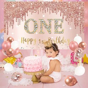 Happy 1st Birthday Banner Backdrop Decorations with Confetti Balloon Garland Arch, Rose Gold One Birthday Banner Balloon Set for Girls, Pink 1 Year Old Bday Poster Photo Booth Decor