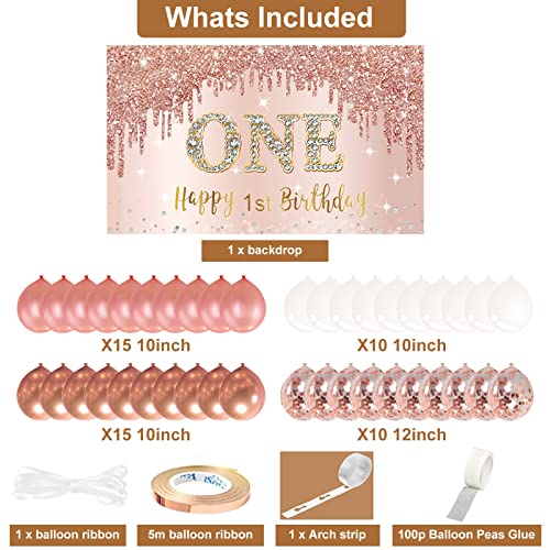 Happy 1st Birthday Banner Backdrop Decorations with Confetti Balloon Garland Arch, Rose Gold One Birthday Banner Balloon Set for Girls, Pink 1 Year Old Bday Poster Photo Booth Decor