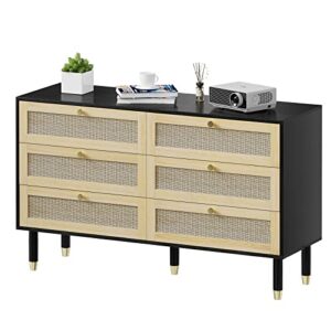 vingli rattan dresser 6 drawers for bedroom black boho wicker drawer chest mid century modern cane bedroom furniture, 55" (w) x 17.8" (d) x 33" (h)