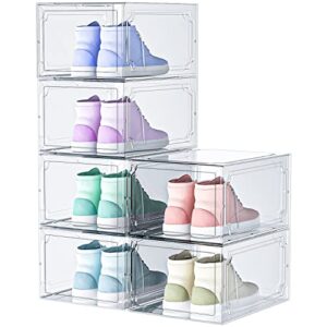 aosok shoe storage boxes, 6-pack shoe organizer clear plastic stackable shoe containers for closet, assemblable storage bins sneaker storage, plastic shoe boxes with lids 15.35x7.48x6.88