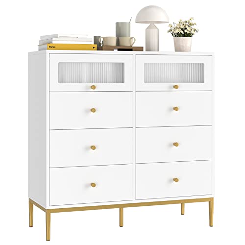 finetones White Dresser, 8 Drawer Dresser White and Gold Dresser with Fluted Glass Door and Gold Metal Legs, Modern Dresser Gold Dresser Wood Storage Chest of Drawers for Home