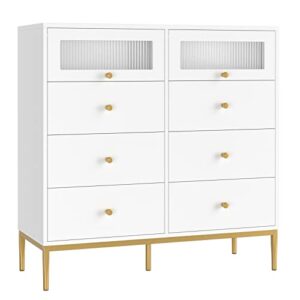 finetones White Dresser, 8 Drawer Dresser White and Gold Dresser with Fluted Glass Door and Gold Metal Legs, Modern Dresser Gold Dresser Wood Storage Chest of Drawers for Home