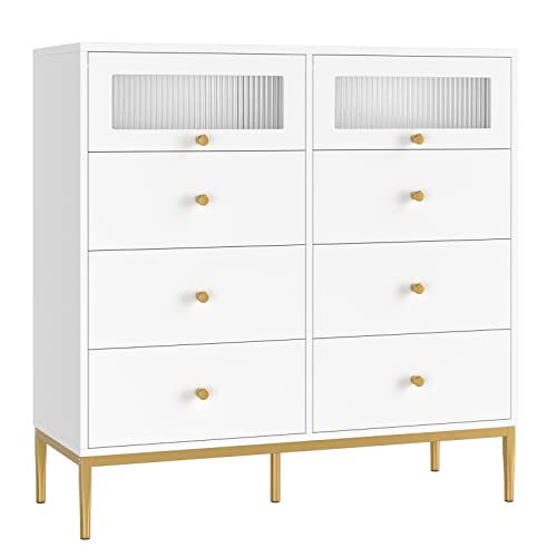 finetones White Dresser, 8 Drawer Dresser White and Gold Dresser with Fluted Glass Door and Gold Metal Legs, Modern Dresser Gold Dresser Wood Storage Chest of Drawers for Home