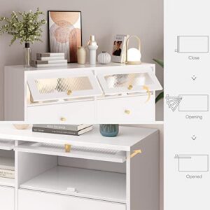 finetones White Dresser, 8 Drawer Dresser White and Gold Dresser with Fluted Glass Door and Gold Metal Legs, Modern Dresser Gold Dresser Wood Storage Chest of Drawers for Home