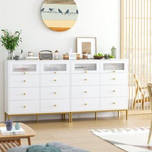 finetones White Dresser, 8 Drawer Dresser White and Gold Dresser with Fluted Glass Door and Gold Metal Legs, Modern Dresser Gold Dresser Wood Storage Chest of Drawers for Home