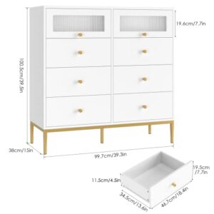 finetones White Dresser, 8 Drawer Dresser White and Gold Dresser with Fluted Glass Door and Gold Metal Legs, Modern Dresser Gold Dresser Wood Storage Chest of Drawers for Home