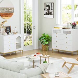 finetones White Dresser, 8 Drawer Dresser White and Gold Dresser with Fluted Glass Door and Gold Metal Legs, Modern Dresser Gold Dresser Wood Storage Chest of Drawers for Home