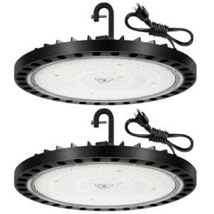 viugreum 2pack led high bay light 5000k, 200w, 20000lm(ip65) ufo high bay lights with us plug commercial bay lighting for barn/garage commercial warehouse car wash shop ufo lights, hanging chain