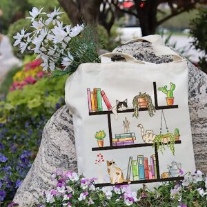 Fertkxsi Cute Cat Canvas Totes Bag Aesthetic for Women Floral plant Print Tote Bags book totes shopping travel beach bag