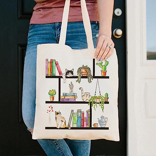 Fertkxsi Cute Cat Canvas Totes Bag Aesthetic for Women Floral plant Print Tote Bags book totes shopping travel beach bag