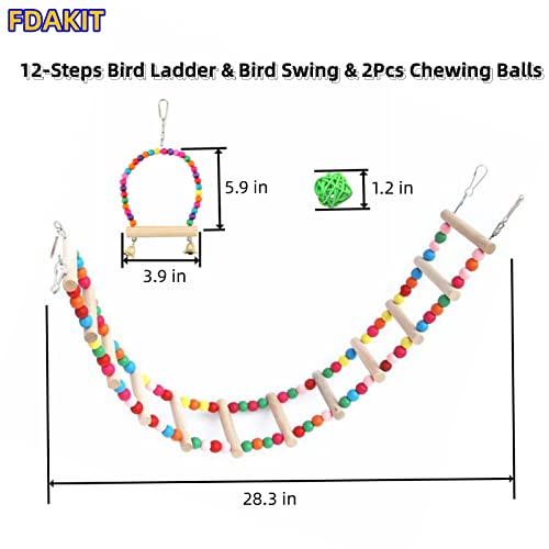 4 Pcs Bird Ladder - 12 Steps 28.3" Bird Cage Ladder & Bird Wings & 2pcs Chewing Balls Colorful Bird Toys for Cockatiels Parrot Parakeet Bird Conure Ladders