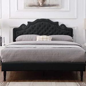 Queen Upholstered Platform Bed Frame with 47" Tall Adjustable Headboard - Button Tufted Linen Bed - Wood Slat Support with Storage Space - No Box Spring Needed - Black - Oliver & Smith - Elizabeth