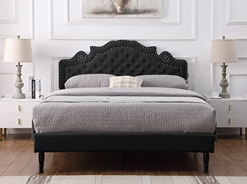 Queen Upholstered Platform Bed Frame with 47" Tall Adjustable Headboard - Button Tufted Linen Bed - Wood Slat Support with Storage Space - No Box Spring Needed - Black - Oliver & Smith - Elizabeth