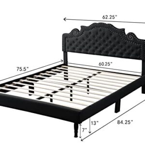 Queen Upholstered Platform Bed Frame with 47" Tall Adjustable Headboard - Button Tufted Linen Bed - Wood Slat Support with Storage Space - No Box Spring Needed - Black - Oliver & Smith - Elizabeth