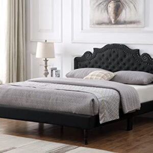 Queen Upholstered Platform Bed Frame with 47" Tall Adjustable Headboard - Button Tufted Linen Bed - Wood Slat Support with Storage Space - No Box Spring Needed - Black - Oliver & Smith - Elizabeth