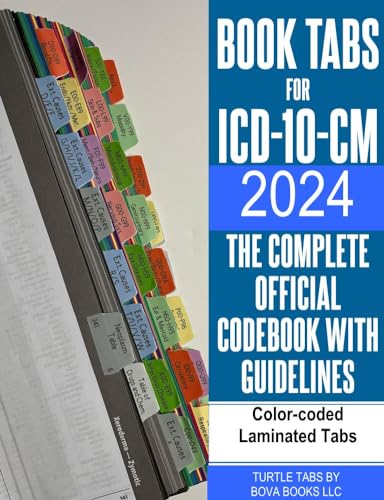 Book Tabs for ICD-10-CM 2024 The Complete Official Codebook with Guidelines (AMA/Optum Physicians version). Laminated, Color-coded, and Repositionable with alignment card for easy application.