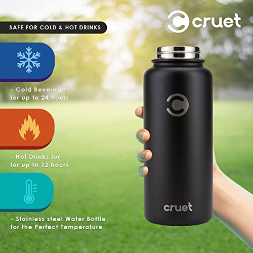 Insulated Water Bottle With 2 Lids By Cruet- Stainless Steel Double-Walled Leakproof Thermos With Straw Lid For Cold Drinks, Flip Lid For Hot Beverages, Vacuum Insulated, Reusable Modern Bottle- 32oz