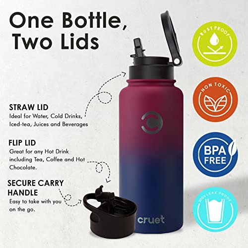 Insulated Water Bottle With 2 Lids By Cruet- Stainless Steel Double-Walled Leakproof Thermos With Straw Lid For Cold Drinks, Flip Lid For Hot Beverages, Vacuum Insulated, Reusable Modern Bottle- 32oz