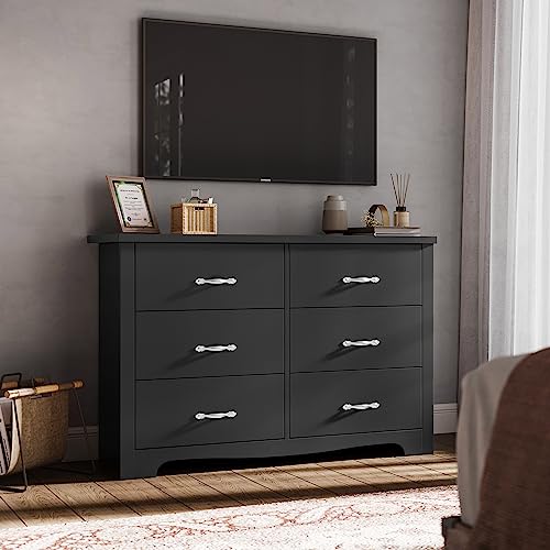 LINSY HOME 6 Drawer Dresser for Bedroom, Modern Double Dresser Organizer, Black Wood Dresser Chest of Drawers for Baby,Kids Bedroom