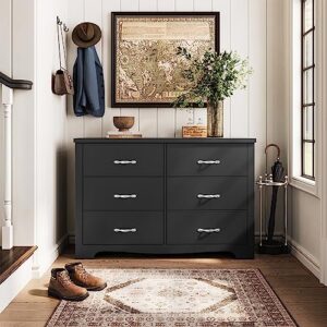 LINSY HOME 6 Drawer Dresser for Bedroom, Modern Double Dresser Organizer, Black Wood Dresser Chest of Drawers for Baby,Kids Bedroom