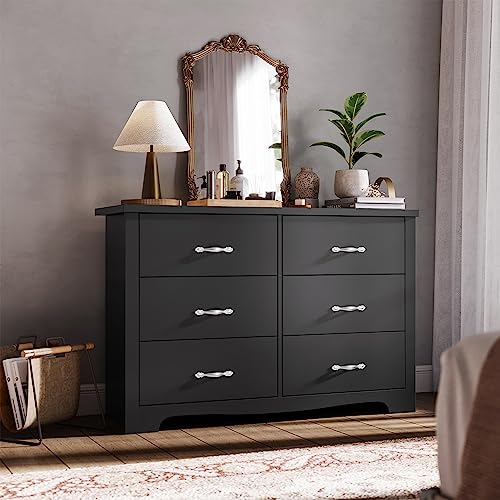 LINSY HOME 6 Drawer Dresser for Bedroom, Modern Double Dresser Organizer, Black Wood Dresser Chest of Drawers for Baby,Kids Bedroom