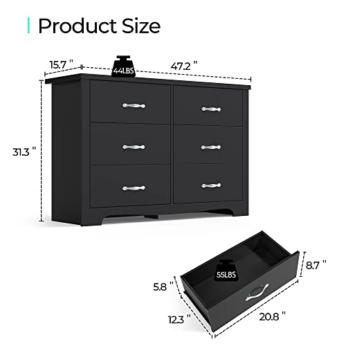 LINSY HOME 6 Drawer Dresser for Bedroom, Modern Double Dresser Organizer, Black Wood Dresser Chest of Drawers for Baby,Kids Bedroom