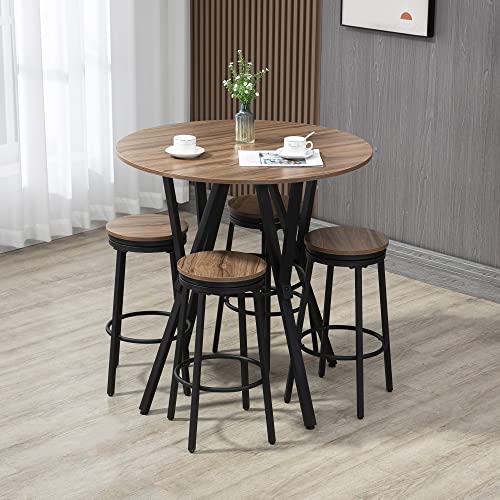 HOMCOM 5-Piece Bar Table and Chairs Set with Swivel Seat, Industrial Round Kitchen Table and 4 Bar Stools for Pub, Dining Room, Light Brown