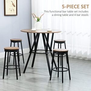 HOMCOM 5-Piece Bar Table and Chairs Set with Swivel Seat, Industrial Round Kitchen Table and 4 Bar Stools for Pub, Dining Room, Light Brown