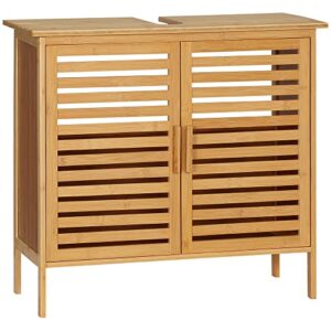 kleankin bamboo under sink cabinet with 2 slatted doors, freestanding bathroom sink cabinet, bathroom vanity cabinet, natural