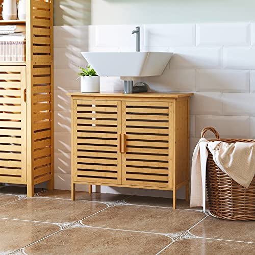 kleankin Bamboo Under Sink Cabinet with 2 Slatted Doors, Freestanding Bathroom Sink Cabinet, Bathroom Vanity Cabinet, Natural