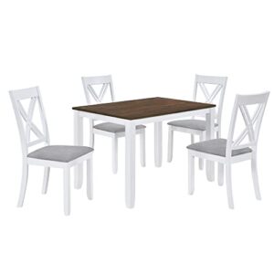 Kisyapoo Rustic Minimalist 5-Piece Dining Table Set with 4 X-Back Upholstered Chairs, Solid Wood Rectangular Table for Kitchen Living Room, Dining Set for 4 Persons (White)