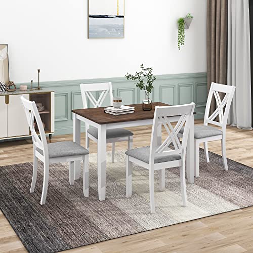 Kisyapoo Rustic Minimalist 5-Piece Dining Table Set with 4 X-Back Upholstered Chairs, Solid Wood Rectangular Table for Kitchen Living Room, Dining Set for 4 Persons (White)