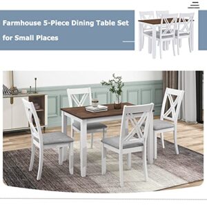 Kisyapoo Rustic Minimalist 5-Piece Dining Table Set with 4 X-Back Upholstered Chairs, Solid Wood Rectangular Table for Kitchen Living Room, Dining Set for 4 Persons (White)