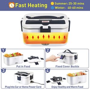 AosFero 80W1.8L Portable Heated Electric Lunch Box,3 in1 food warmer lunch box（12/24/110-230V） suitable for Car/Truck/Home.Free 120ml salad bottle and dishwashing cotton, with fork、spoon、carrying bag