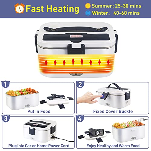 AosFero 80W1.8L Portable Heated Electric Lunch Box,3 in1 food warmer lunch box（12/24/110-230V） suitable for Car/Truck/Home.Free 120ml salad bottle and dishwashing cotton, with fork、spoon、carrying bag