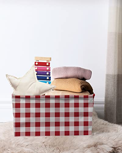 Farmhouse Buffalo Plaid Retro Red Pink White Cube Storage Organizer Bins with Handles, 15x11x9.5 Inch Collapsible Canvas Cloth Fabric Storage Basket, Books Kids' Toys Bin Boxes for Shelves, Closet